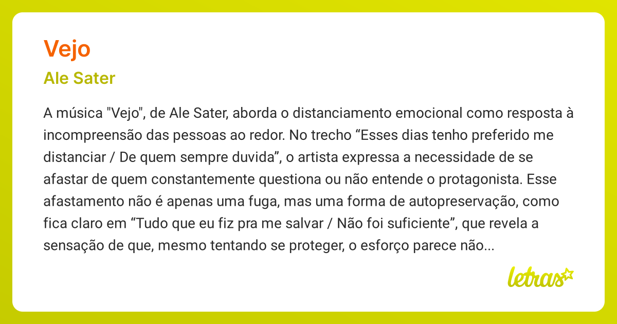 Significado da música VEJO (Ale Sater) - LETRAS.MUS.BR