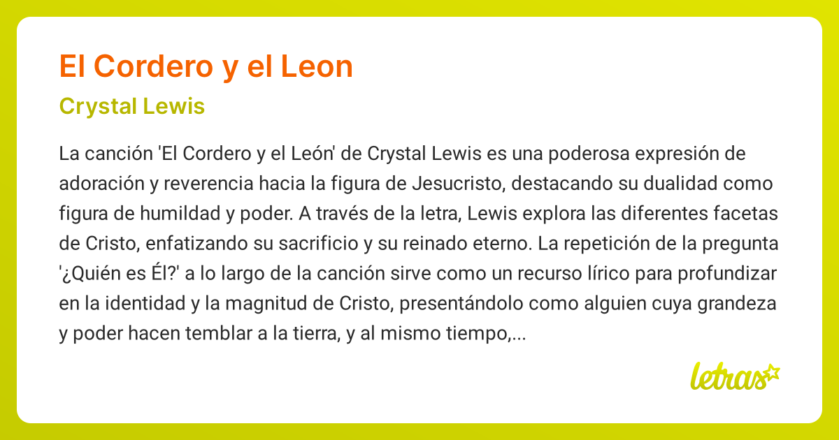 Significado de la canción EL CORDERO Y EL LEON (Crystal Lewis) - LETRAS.COM