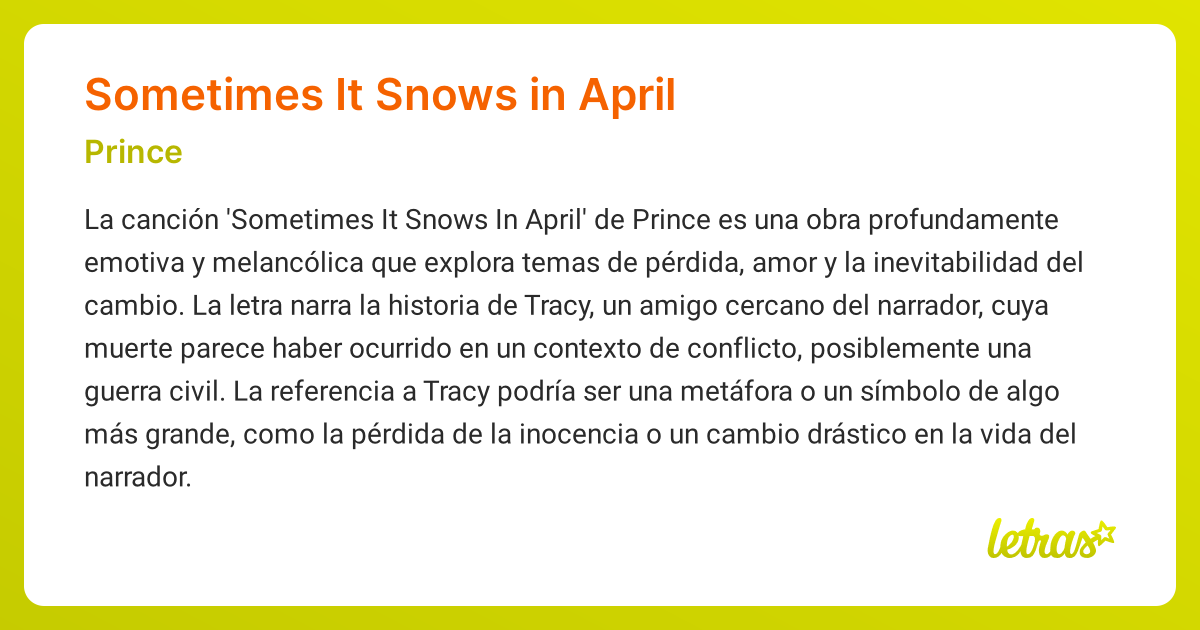 Significado de la canción SOMETIMES IT SNOWS IN APRIL (Prince) - LETRAS.COM