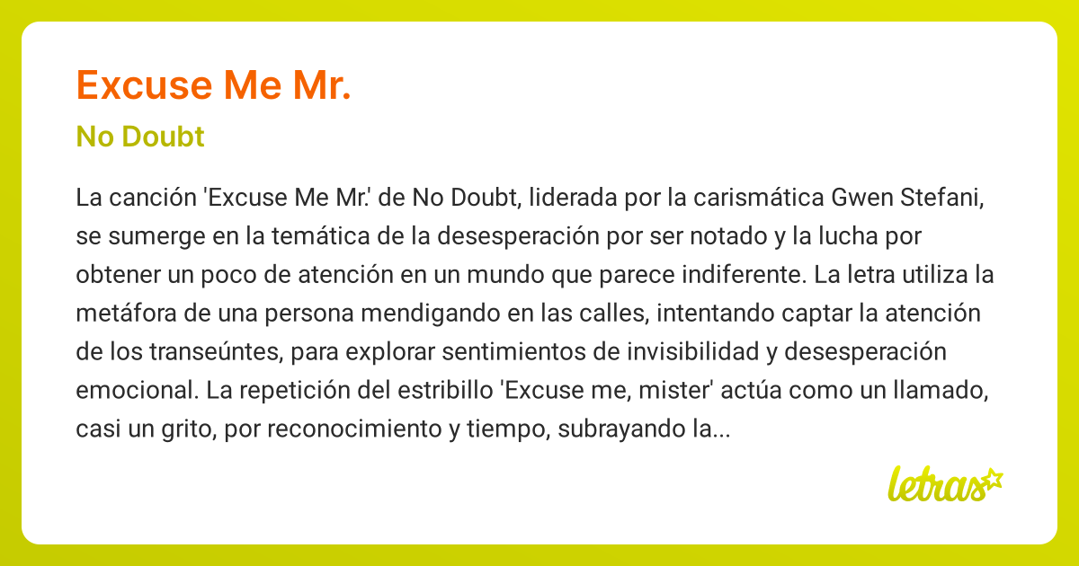 Significado de la canción EXCUSE ME MR. (No Doubt) - LETRAS.COM