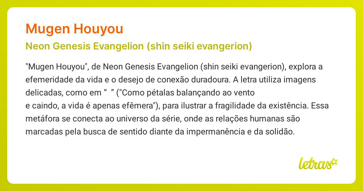 Significado da música MUGEN HOUYOU (Neon Genesis Evangelion (shin seiki ...