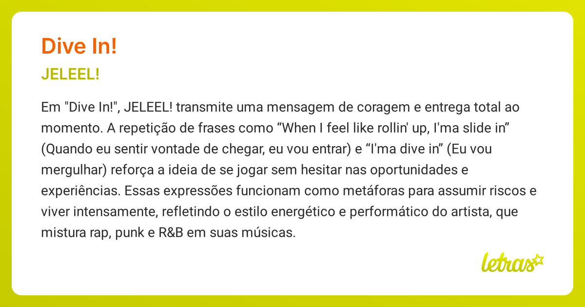 Significado da música DIVE IN! (JELEEL!) - LETRAS.MUS.BR