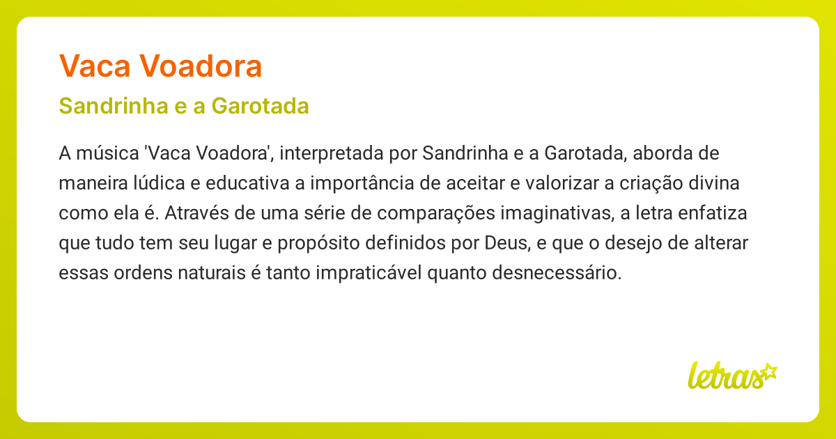 Significado da música VACA VOADORA (Sandrinha e a Garotada) - LETRAS.MUS.BR