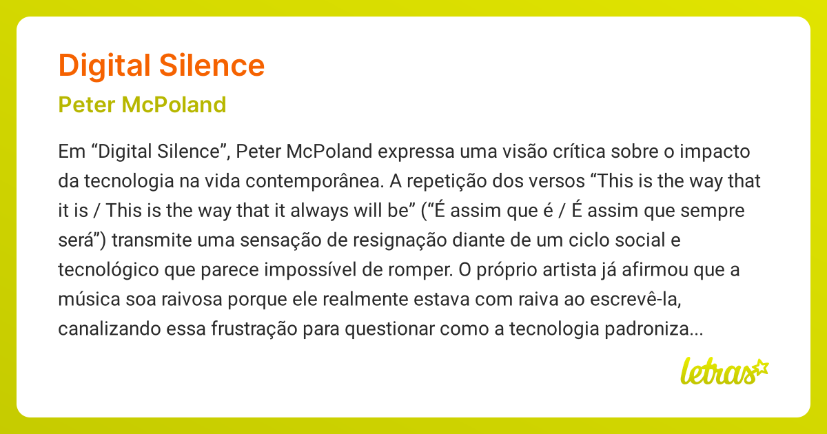Significado da música DIGITAL SILENCE (Peter McPoland) - LETRAS.MUS.BR