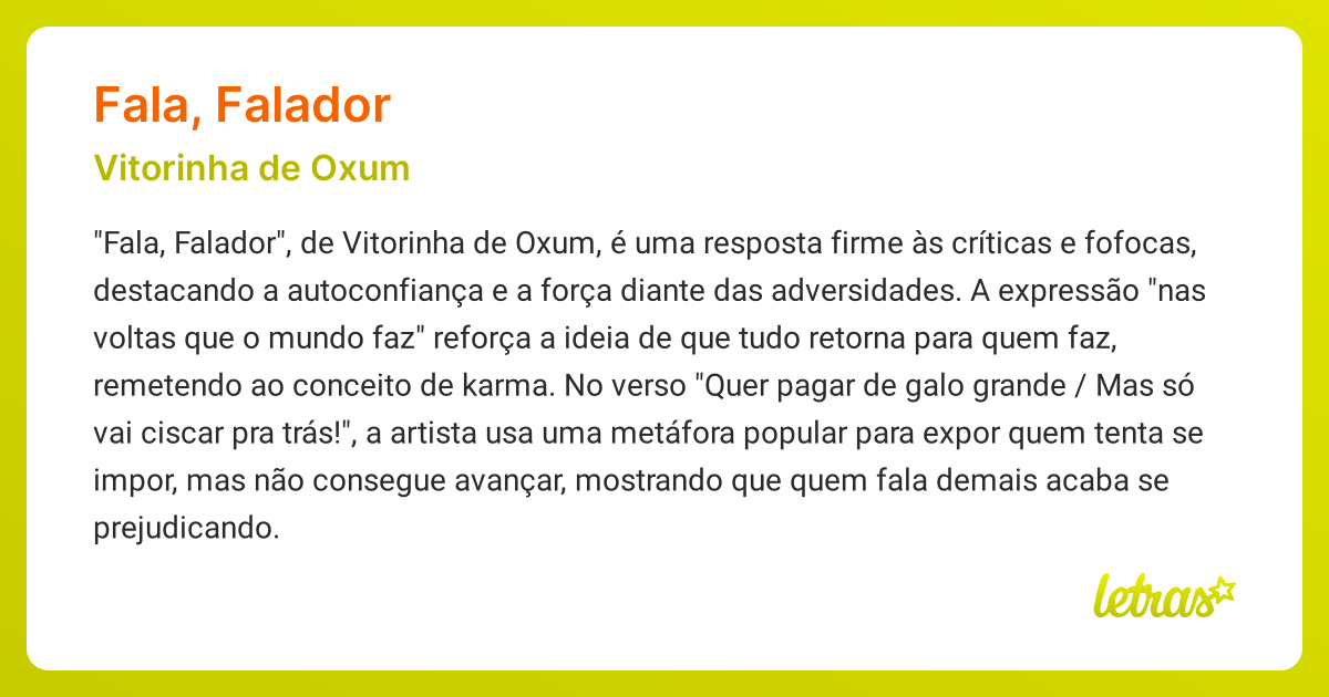 Significado da música FALA, FALADOR (Vitorinha de Oxum) - LETRAS.MUS.BR
