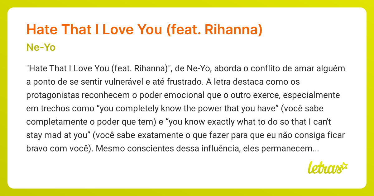 Significado da música Hate That I Love You (feat. Rihanna) (Ne-Yo ...