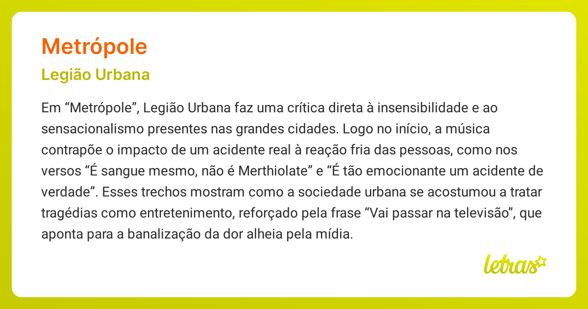 Significado da música METRÓPOLE (Legião Urbana) - LETRAS.MUS.BR