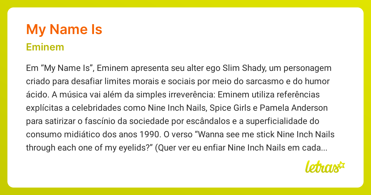 Significado da música MY NAME IS (Eminem) - LETRAS.MUS.BR