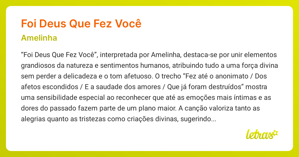 Significado da música FOI DEUS QUE FEZ VOCÊ (Amelinha) - LETRAS.MUS.BR