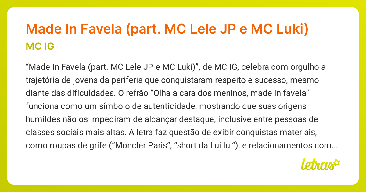 Significado da música Made In Favela (part. MC Lele JP e MC Luki) (MC ...