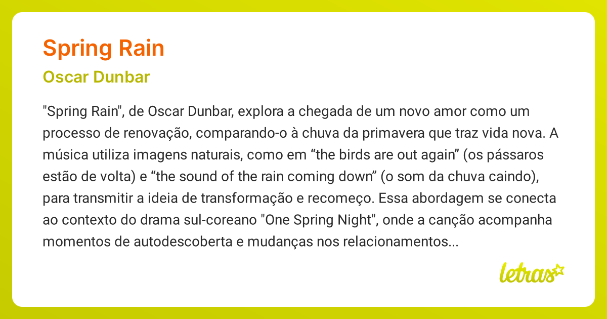 Significado da música SPRING RAIN (Oscar Dunbar) - LETRAS.MUS.BR