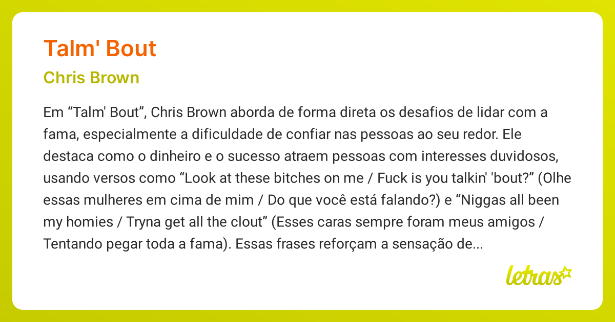 Significado da música TALM' BOUT (Chris Brown) - LETRAS.MUS.BR