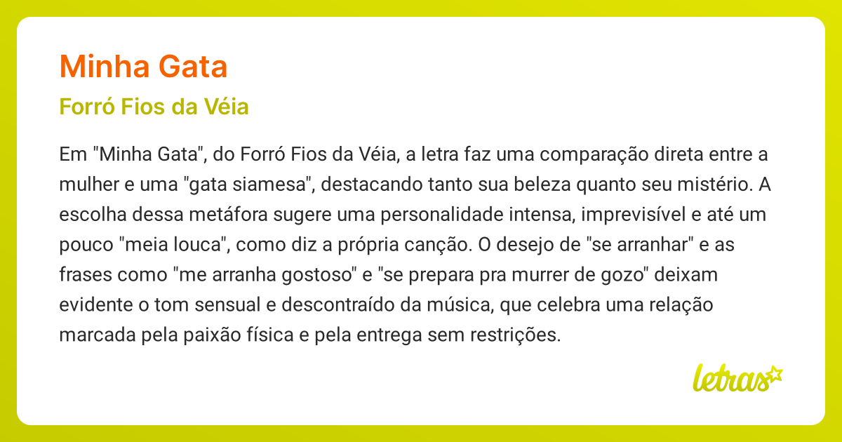 Significado da música MINHA GATA (Forró Fios da Véia) - LETRAS.MUS.BR