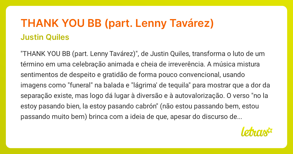 Significado da música THANK YOU BB (part. Lenny Tavárez) (Justin Quiles ...