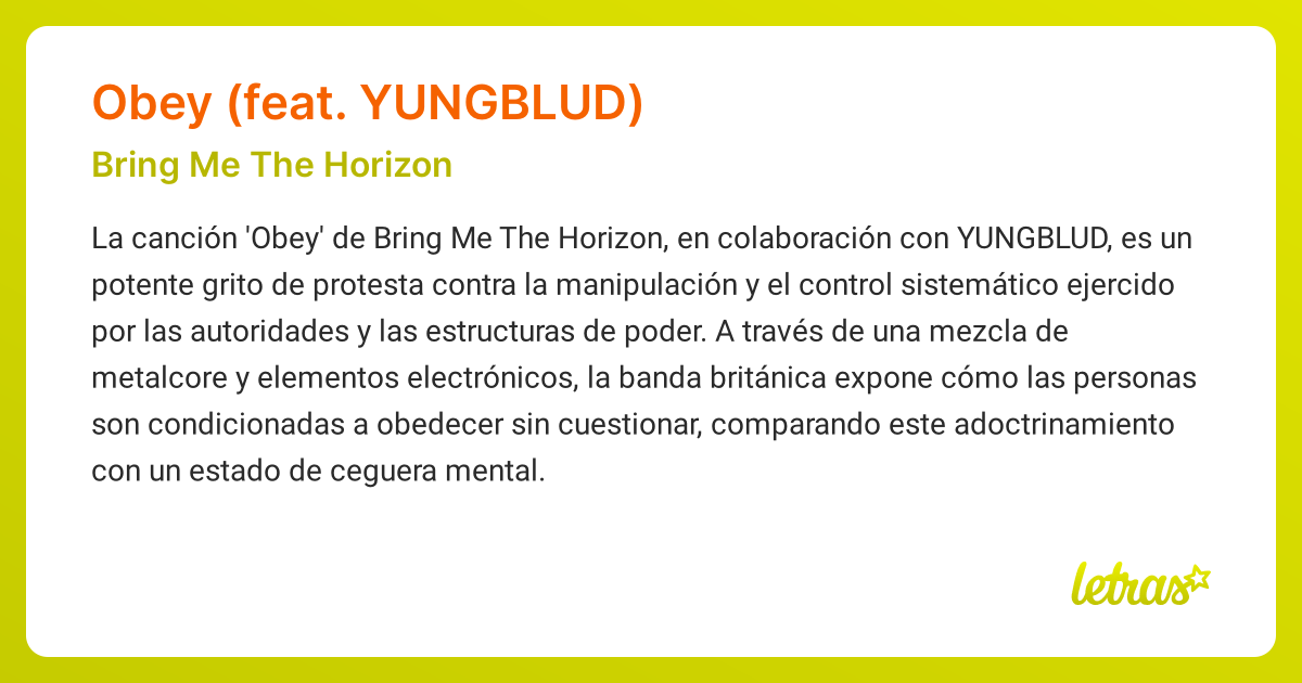 Significado de la canción OBEY (FEAT. YUNGBLUD) (Bring Me The Horizon ...