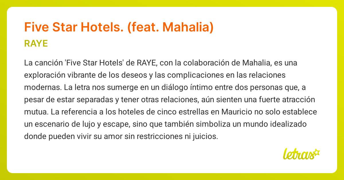Significado de la canción Five Star Hotels. (feat. Mahalia) (RAYE ...