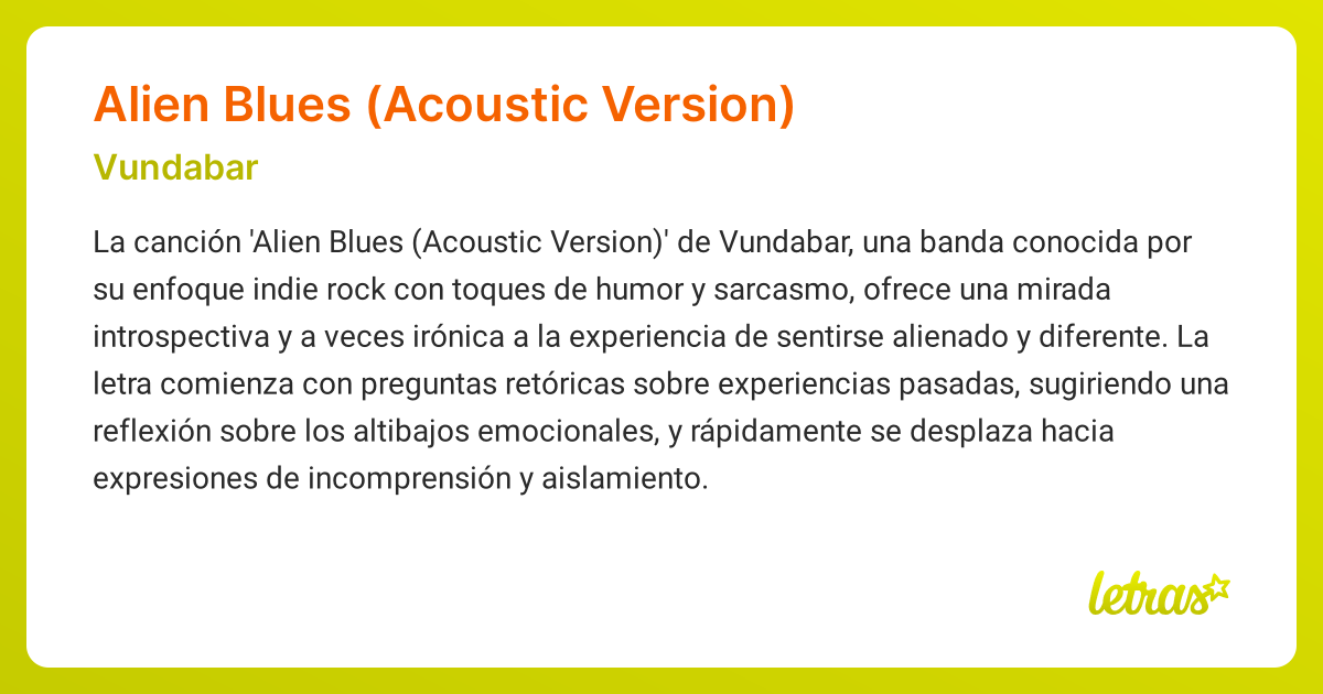 Significado de la canción ALIEN BLUES (ACOUSTIC VERSION) (Vundabar ...