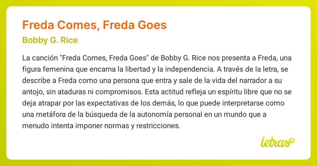 Significado de la canción FREDA COMES, FREDA GOES (Bobby G. Rice ...