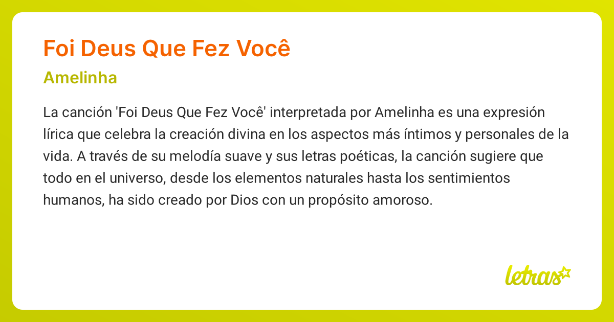 Significado de la canción FOI DEUS QUE FEZ VOCÊ (Amelinha) - LETRAS.COM