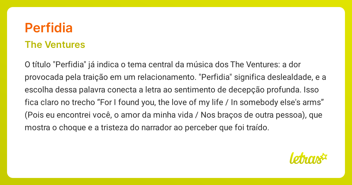 Significado da música PERFIDIA (The Ventures) - LETRAS.MUS.BR