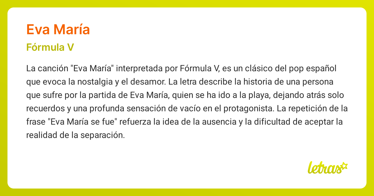 Significado de la canción EVA MARÍA (Fórmula V) - LETRAS.COM