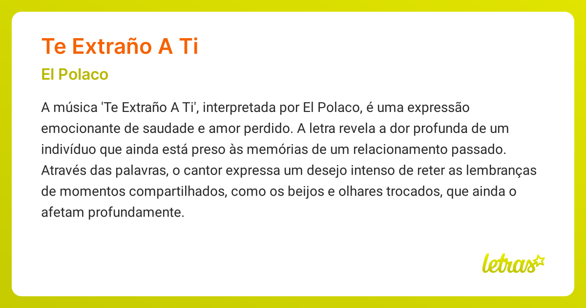 Significado da música TE EXTRAÑO A TI (El Polaco) - LETRAS.MUS.BR