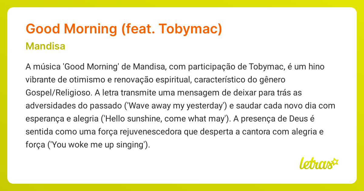 Significado da música GOOD MORNING (FEAT. TOBYMAC) (Mandisa) - LETRAS ...