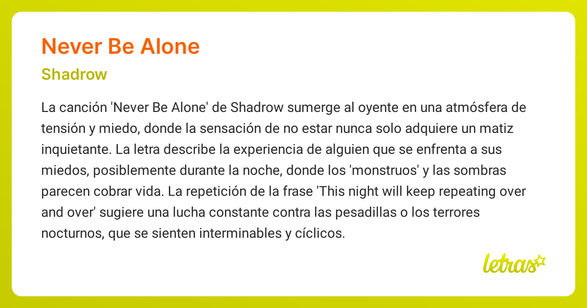 Significado de la canción NEVER BE ALONE (Shadrow) - LETRAS.COM