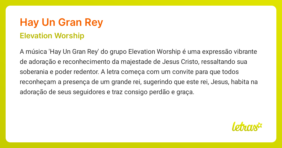 Significado da música HAY UN GRAN REY (Elevation Worship) - LETRAS.MUS.BR