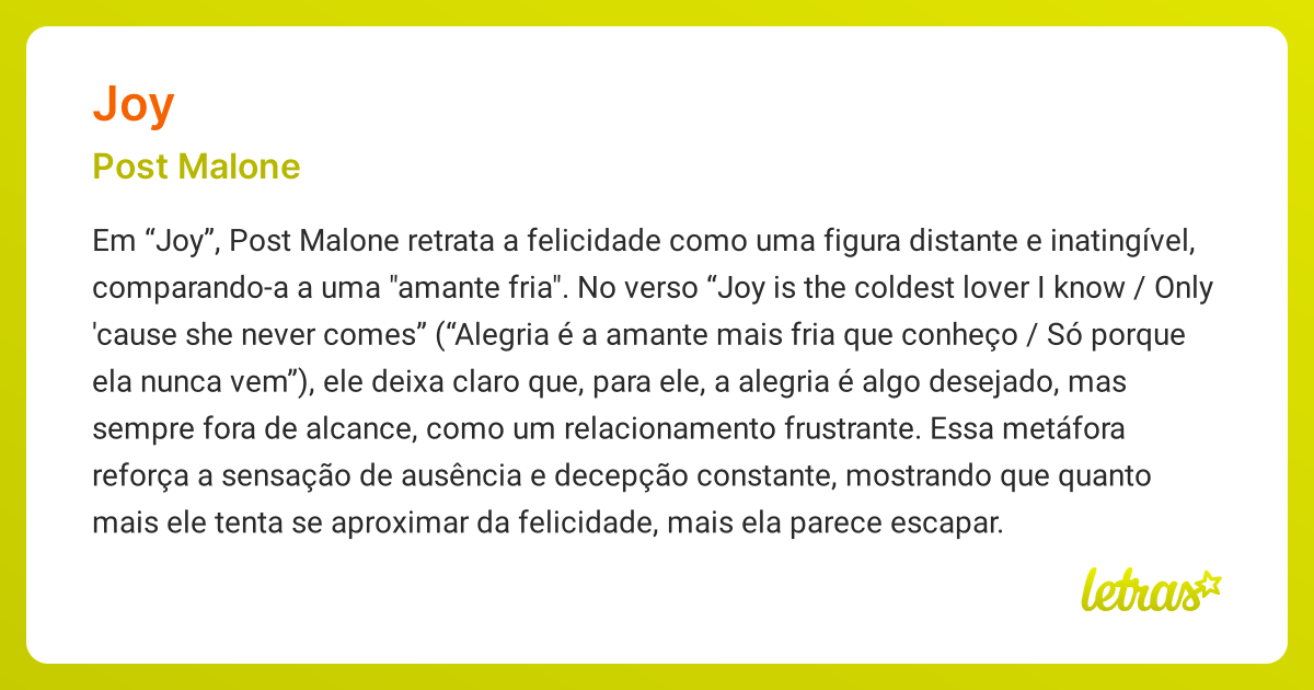 Significado da música JOY (Post Malone) - LETRAS.MUS.BR
