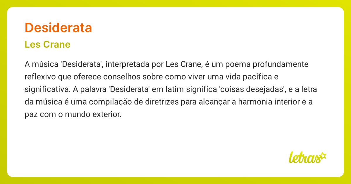 Significado da música DESIDERATA (Les Crane) - LETRAS.MUS.BR