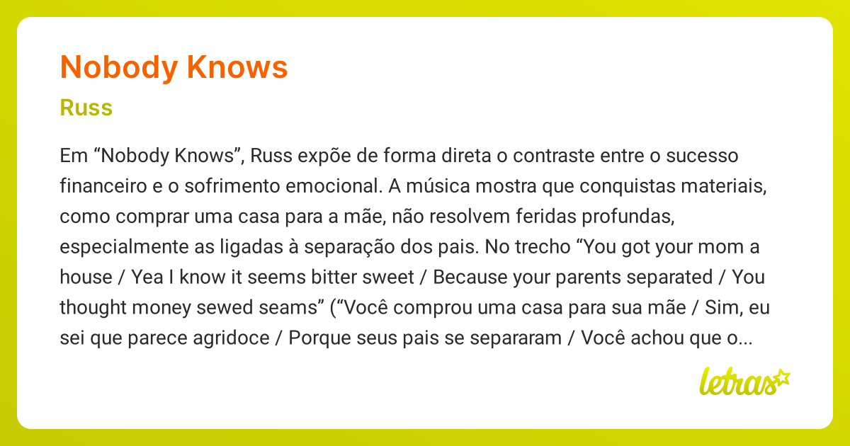 Significado da música NOBODY KNOWS (Russ) - LETRAS.MUS.BR