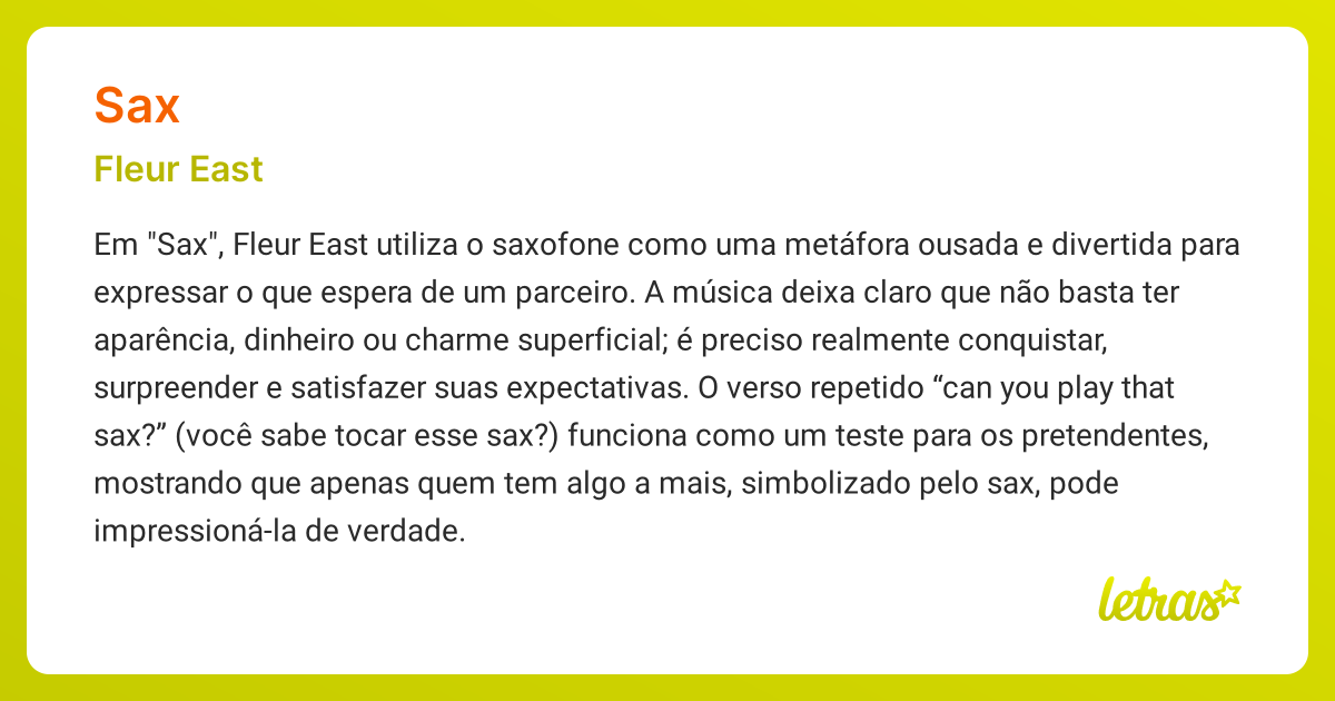 Significado da música SAX (Fleur East) - LETRAS.MUS.BR
