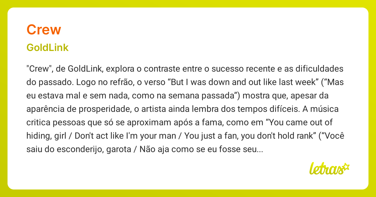 Significado da música CREW (GoldLink) - LETRAS.MUS.BR