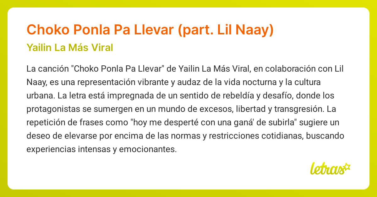 Significado de la canción Choko Ponla Pa Llevar (part. Lil Naay ...