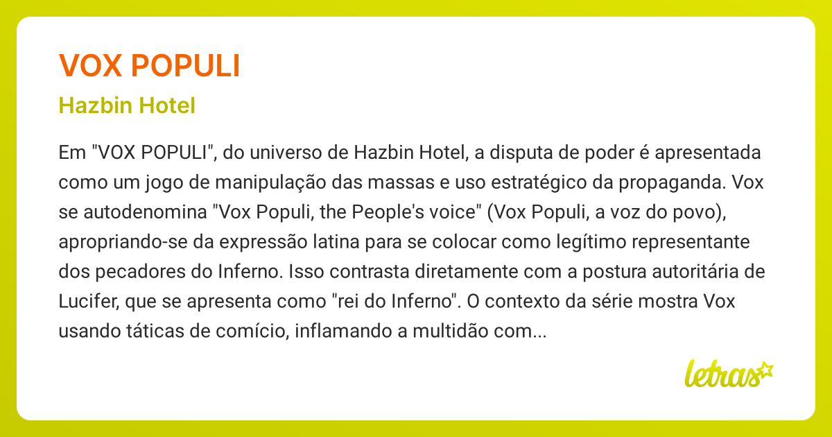 Significado da música VOX POPULI (Hazbin Hotel) - LETRAS.MUS.BR