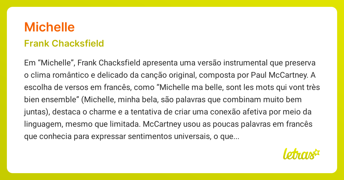 Significado da música MICHELLE (Frank Chacksfield) - LETRAS.MUS.BR