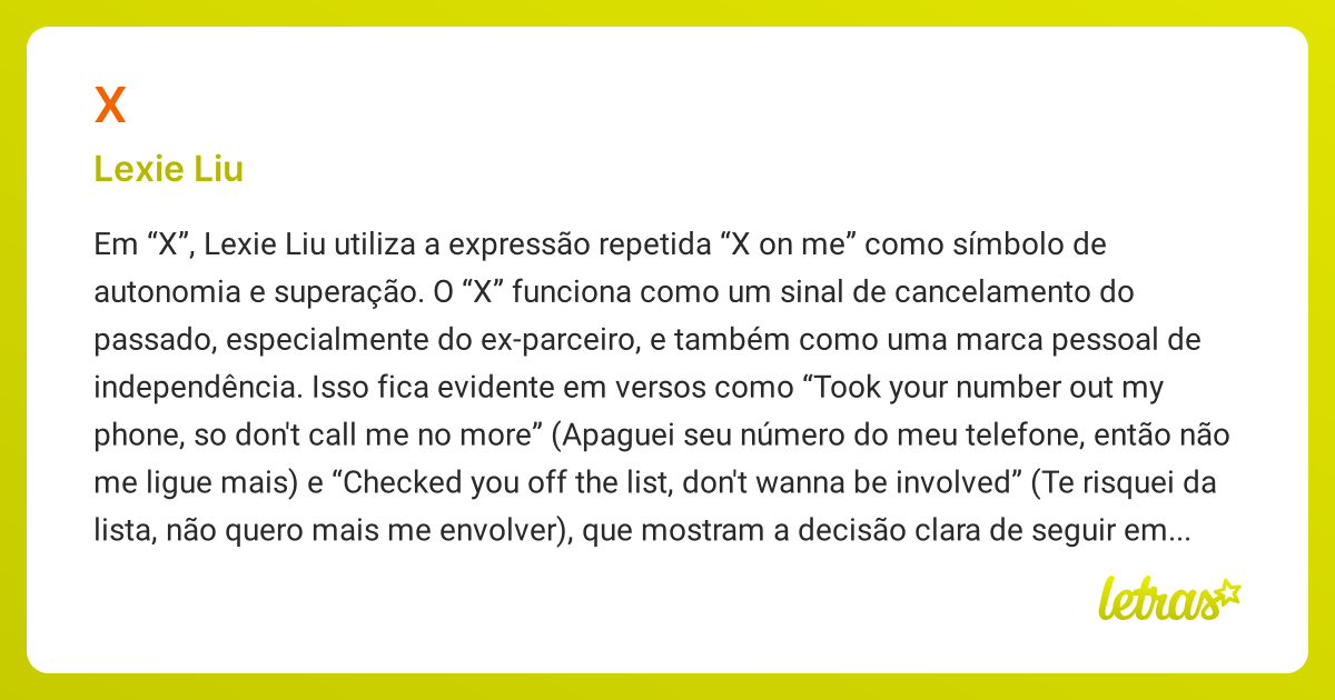 Significado da música X (Lexie Liu) - LETRAS.MUS.BR