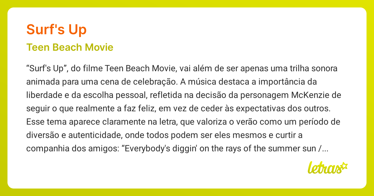 Significado da música SURF'S UP (Teen Beach Movie) - LETRAS.MUS.BR