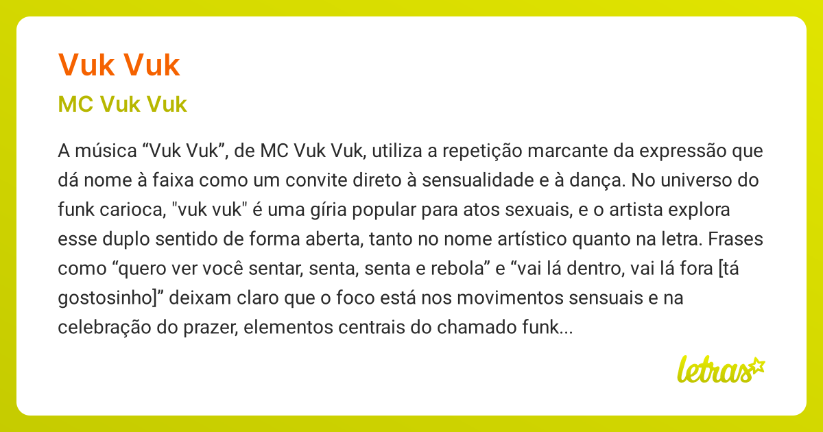 Significado da música VUK VUK (MC Vuk Vuk) - LETRAS.MUS.BR