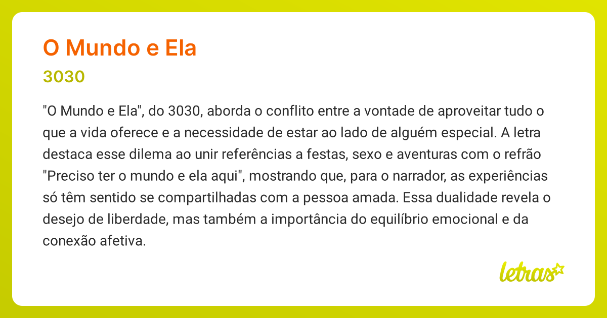 Significado da música O MUNDO E ELA (3030) - LETRAS.MUS.BR