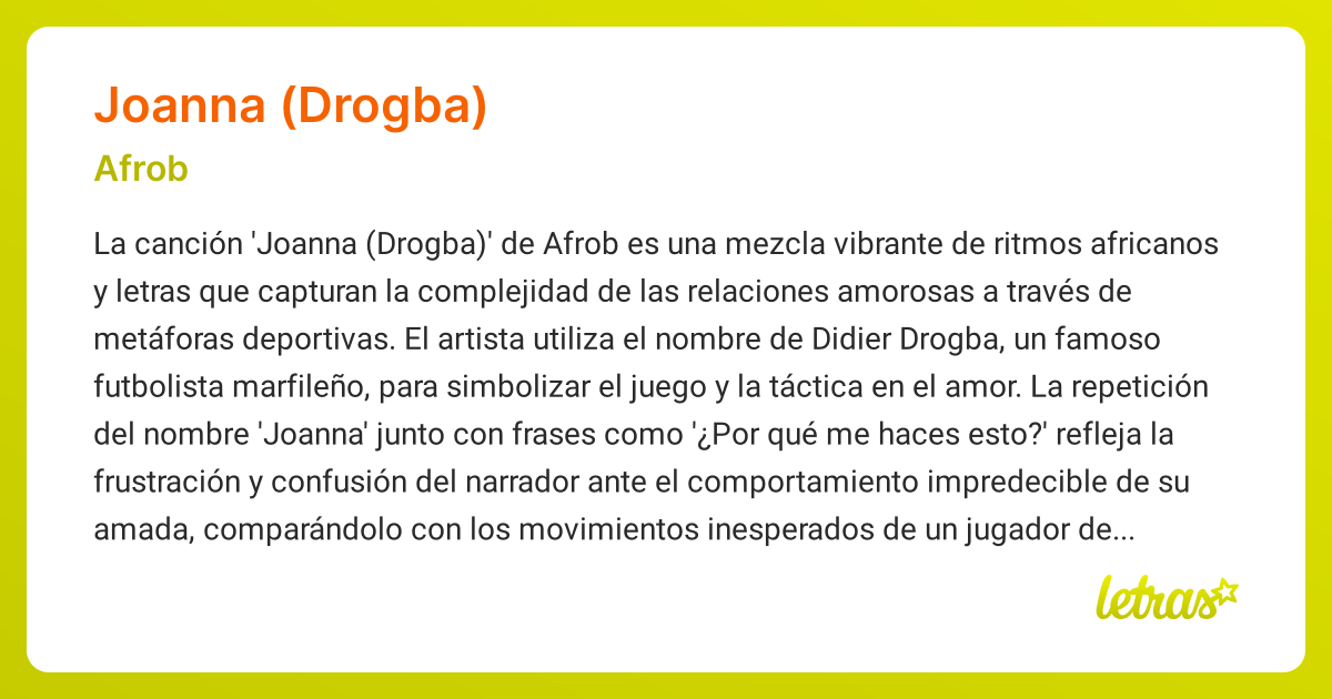 Significado de la canción JOANNA (DROGBA) (Afrob) - LETRAS.COM