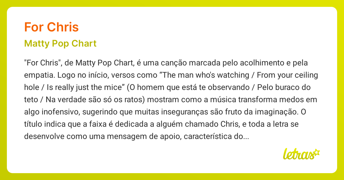 Significado da música FOR CHRIS (Matty Pop Chart) - LETRAS.MUS.BR