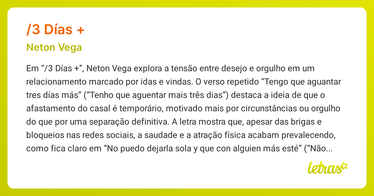 Significado da música /3 DÍAS + (Neton Vega) - LETRAS.MUS.BR