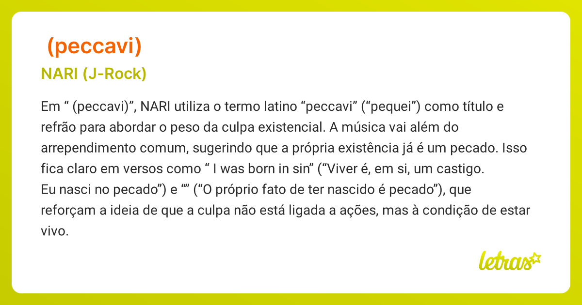 Significado da música ペカビ (PECCAVI) (NARI (J-Rock)) - LETRAS.MUS.BR