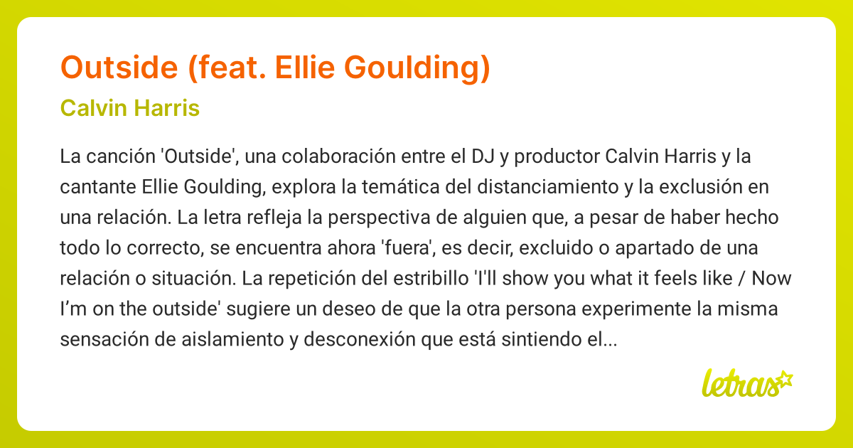 Significado de la canción OUTSIDE (FEAT. ELLIE GOULDING) (Calvin Harris ...