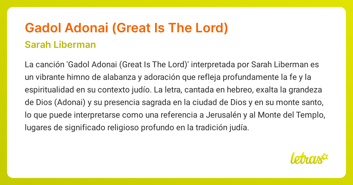 Significado de la canción Gadol Adonai (Great Is The Lord) (Sarah ...