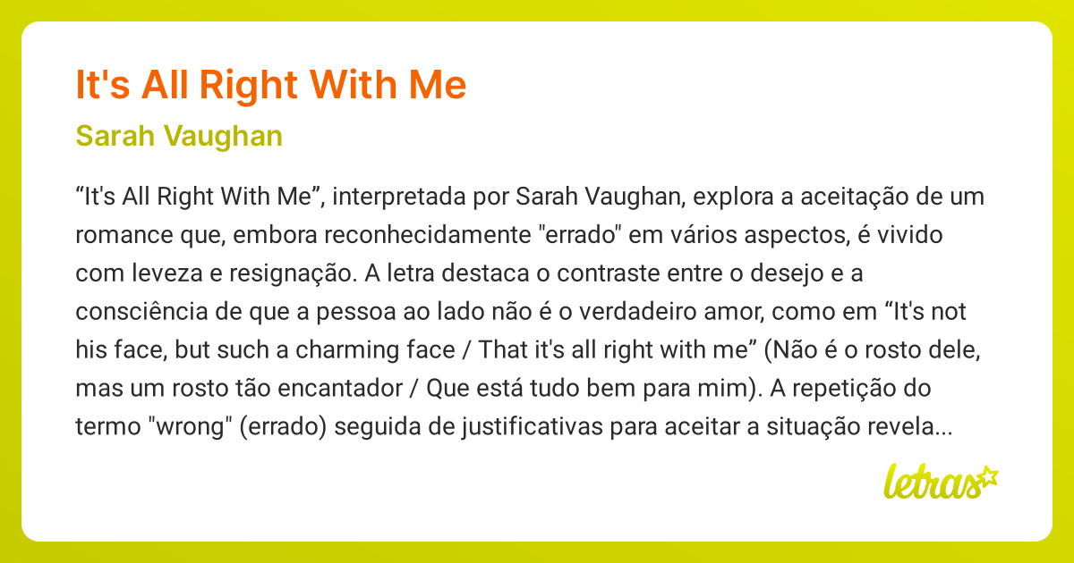 Significado da música IT'S ALL RIGHT WITH ME (Sarah Vaughan) - LETRAS ...
