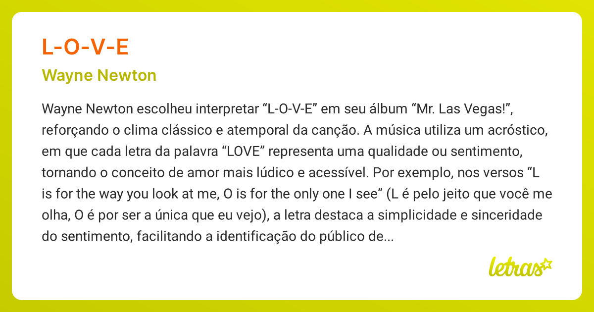 Significado da música L-O-V-E (Wayne Newton) - LETRAS.MUS.BR