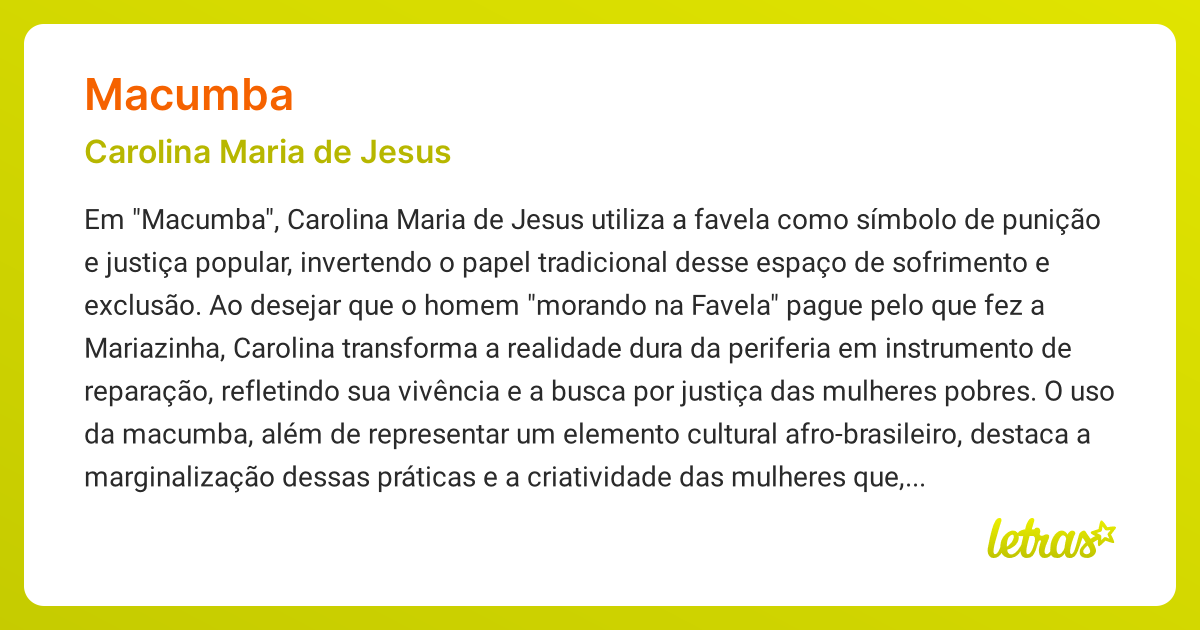Significado da música MACUMBA (Carolina Maria de Jesus) - LETRAS.MUS.BR